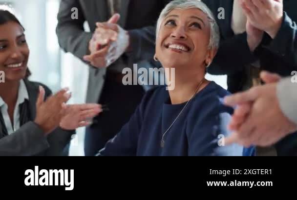 Clapping, colleagues and congratulations for mature woman, milestone ...