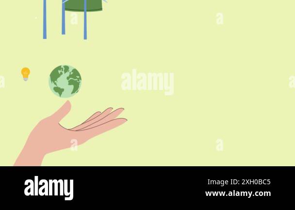 Video animation of human hand holding Earth globe, wind power plant ...