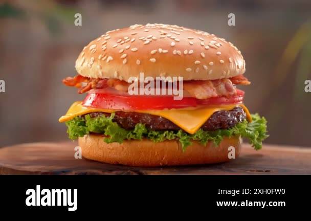 Spinning Premium Hamburger Filmed with Camera Motion, Moving Forward ...