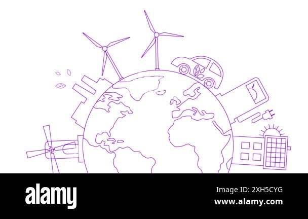 Animated linear violet icon of green energy city on circle planet. Line ...