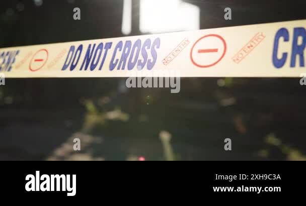 Crime, scene and ribbon with tape for police crossing, investigation or ...