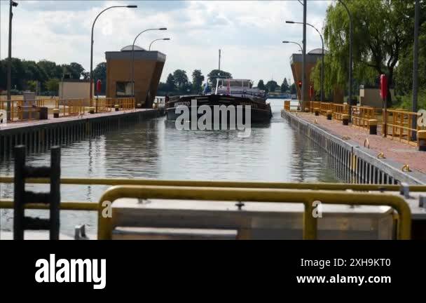 Datteln, Germany, July 5, 2022. Inland waterway vessel on the Wesel-Datteln Canal enters a lock ...