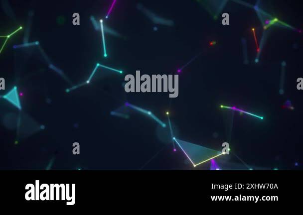 3D colourful geometric animation of a lot of connected coloured dots lines and triangles with ...