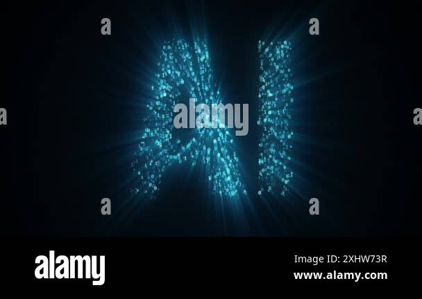 AI letters animation of glowing binary code symbols with outgoing beams on black background, 4k ...