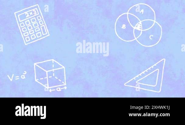 Mathematical symbols and shapes animation over blue background. calculation, formula, equation ...