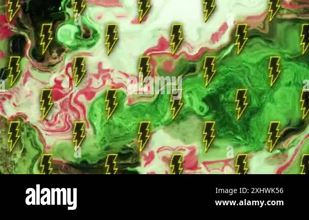 Animation of shapes and lightning icons on colourful liquid background ...