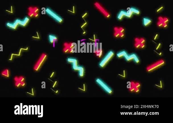 Animation of wow text over colourful shapes on black background. Communication, shapes, light ...