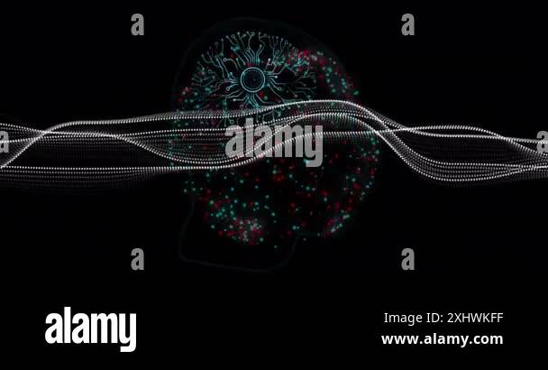 Animation of ai text, human head and digital data processing over connections. Global artificial ...