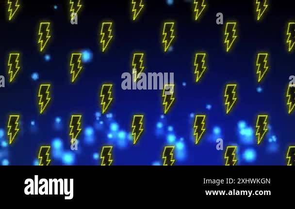 Animation of shapes and lightning icons over light spots on blue ...