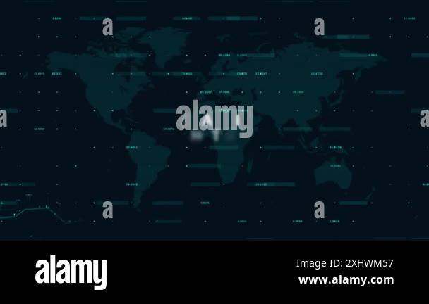 Animation of chat ai and data processing over world map on black background. Global artificial ...