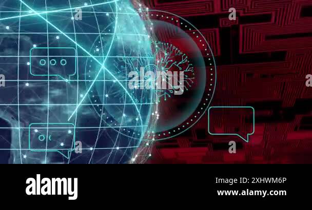 Animation of ai text, human brain and digital data processing over globe. Global artificial ...