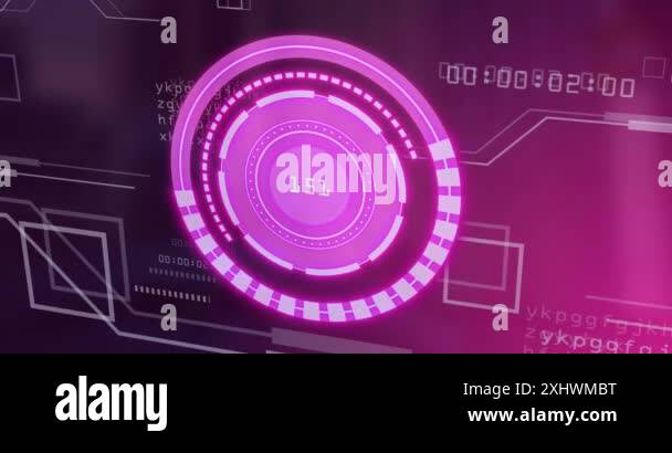 Animating futuristic digital interface with circular progress indicator and data processing ...