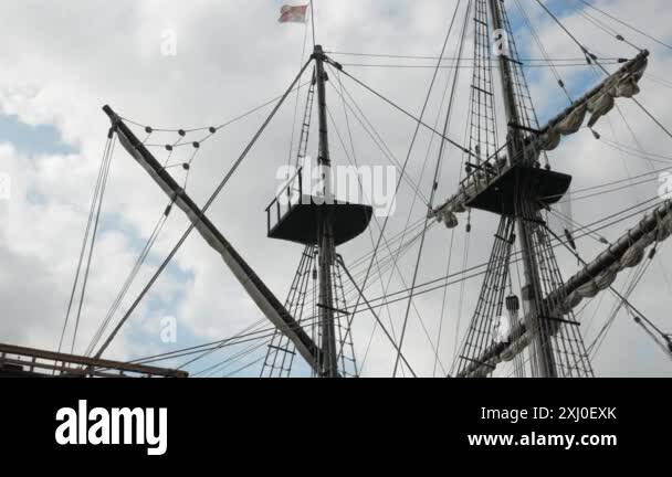 masts sails and rope ladders on the deck of an 18th century Spanish ...