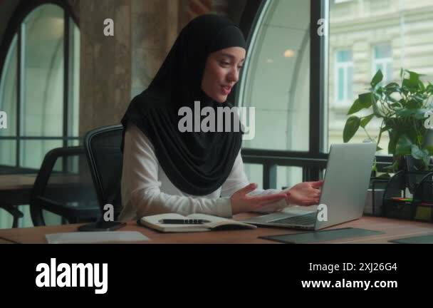 Arabian islamic woman in hijab happy muslim businesswoman girl female business coach virtual ...