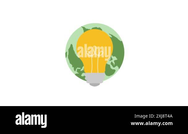 Video animation of flat cartoon planet Earth globe, glowing light bulb ...