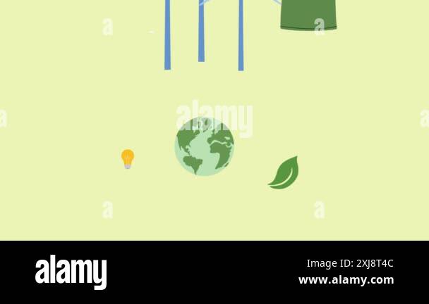 Video animation of Earth globe, wind power plant, light bulb, recycling ...