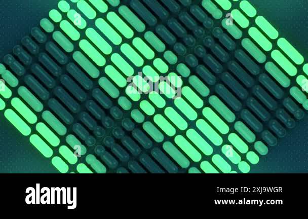 Digital seamless loop animation of a moving pattern of multicolored capsules with green tint ...
