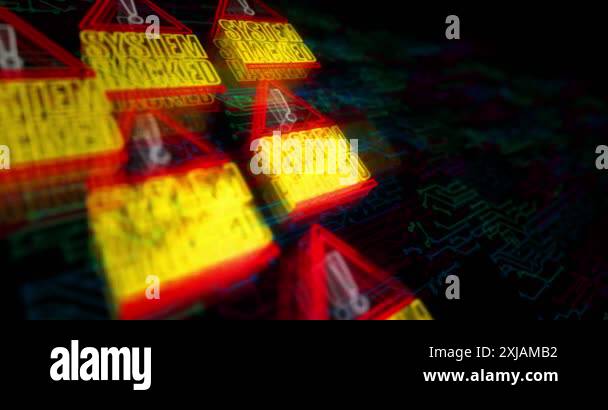 System hacked warning and security breach alert hologram symbol appears on a electronic circuit ...