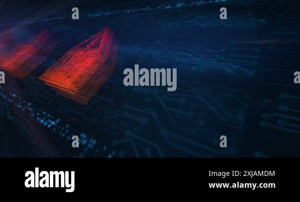 System hacked warning and security breach alert hologram symbol appears ...