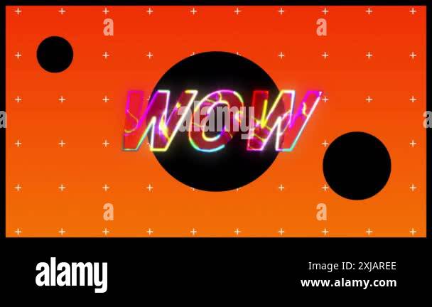 Animation of wow text over black spots on vibrant patterned background. Global video game ...