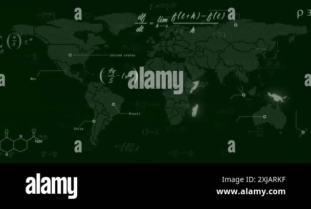 Animation of mathematical equations and chemical formula over world map ...