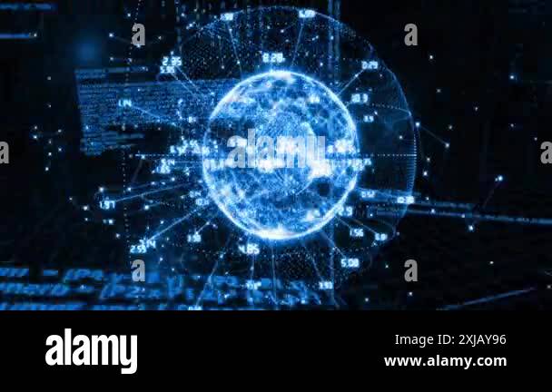 Animation of networks of connections and data processing over globe. Global connections ...