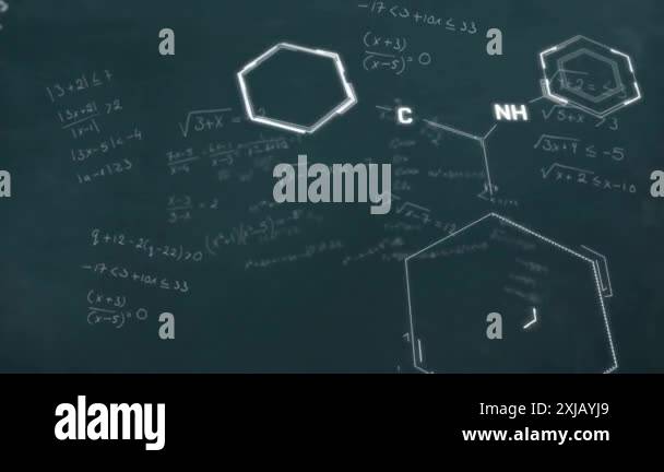 Animation of chemical formula over mathematical equations on black ...