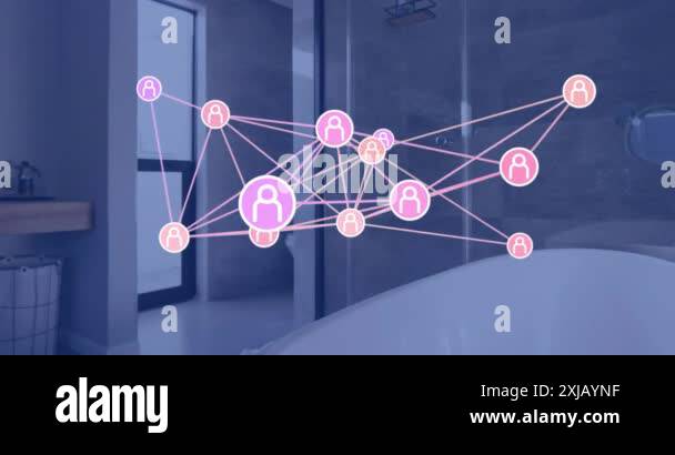 Network of connected user icons animation over modern bathroom background. Technology ...