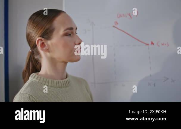 Strict professor drawing diagram at whiteboard closeup. Serious woman ...