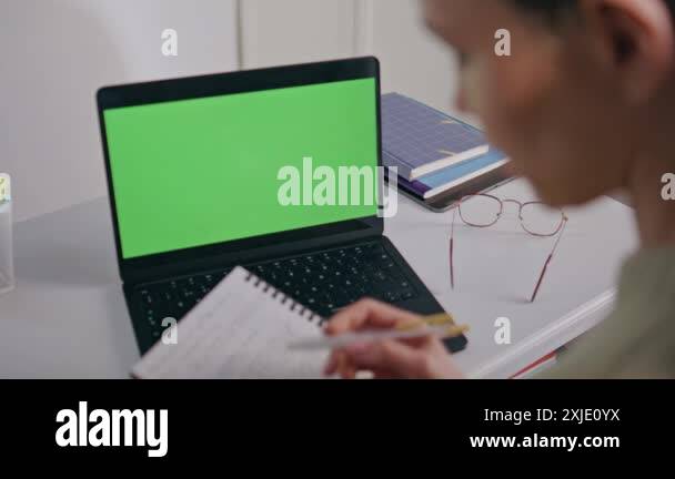 Educator woman mockup videocall using computer at home closeup ...