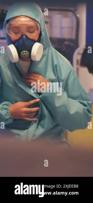 Science, lab and woman in ppe suit with toxic chemicals for cooking ...