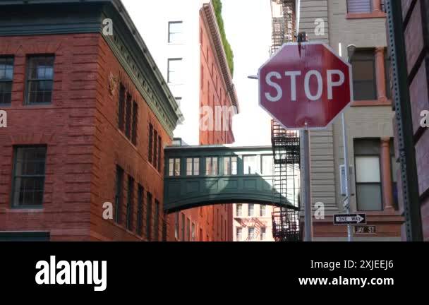 New York City Staple street skybridge. Vintage retro industrial ...