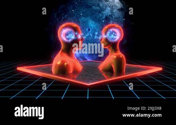 We see the side head and shoulder profiles of two humanoid sculpted ...