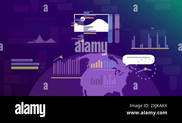 Charts and graphs animation over globe with speech bubbles and data ...