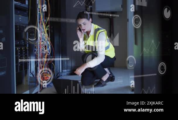 Technician talking on phone, inspecting cables, data processing ...
