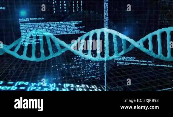 Animation of dna strand, data processing over scope scanning on black background. Global science ...