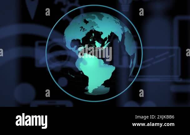 Rotating globe animation over technology icons and symbols background ...