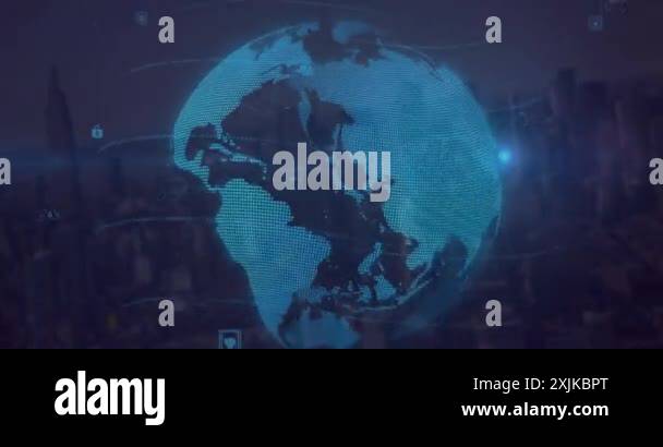 Rotating digital globe with data icons animation over cityscape ...