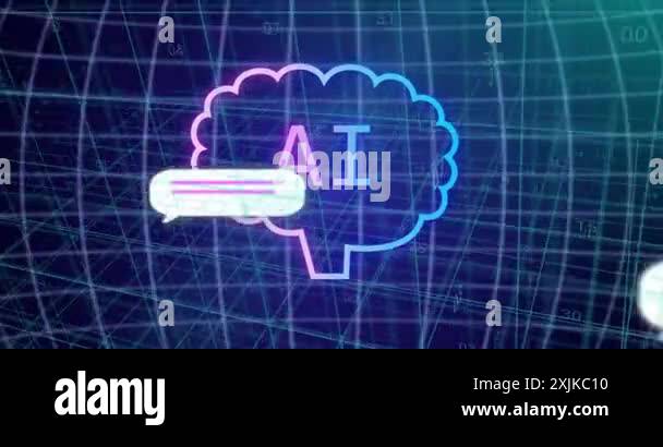 AI text inside brain shape over digital grid, animated background ...