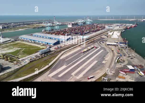 An aerial view of a busy container terminal at the Zeebrugge logistics ...