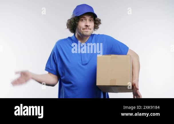 Confused postal courier man, shoulders up - cant help,makes gesture I ...