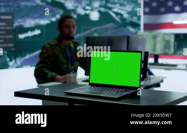 US army working in a top secret control center with isolated mockup ...