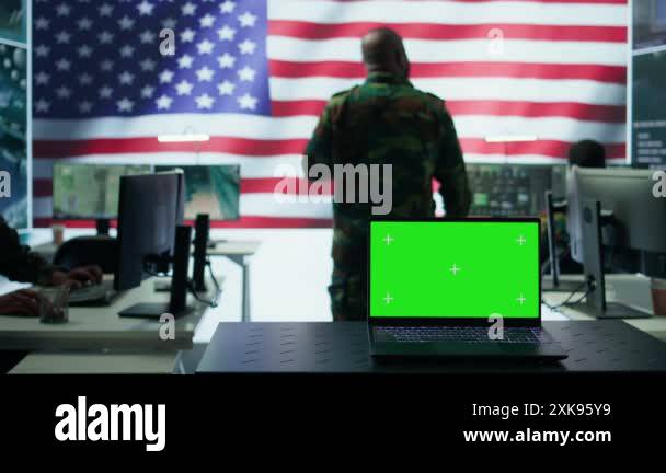 US army working in a top secret control center with isolated mockup ...