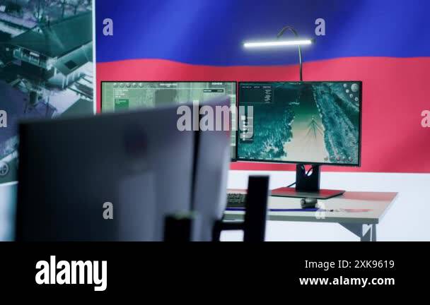 Empty army command center monitoring room agency with the russian flag ...