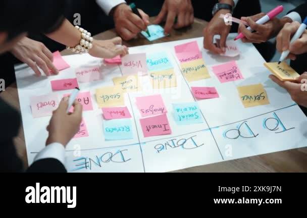 Close up of professional business team hands writing and putting sticky ...