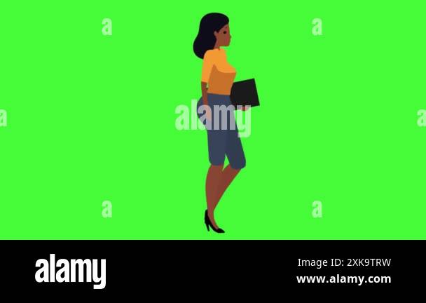 2D Animation of a woman walking a side view, holding a black folder ...