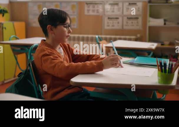 School class lesson clever concentrated Caucasian boy son child ...