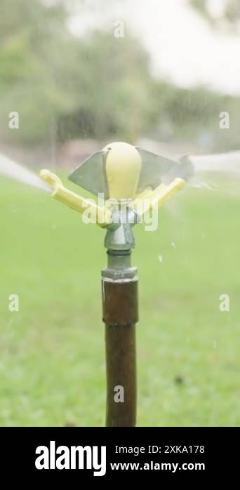 Vertical video. A Sprinkler Irrigation System on the Lawn. The ...