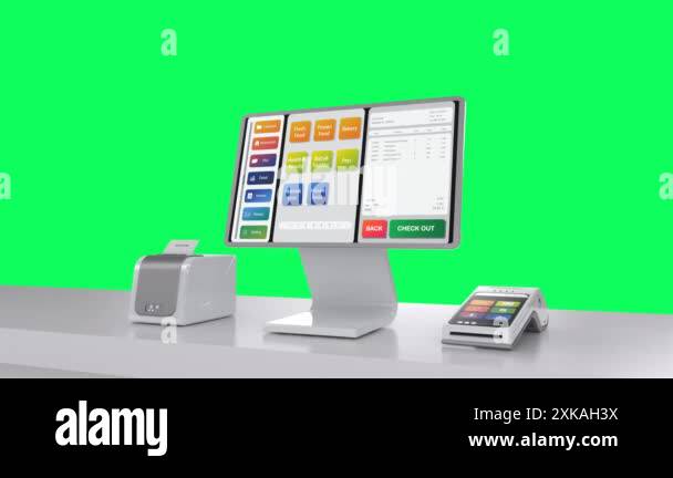 3d rendering point of sale system or cash register machine on green ...