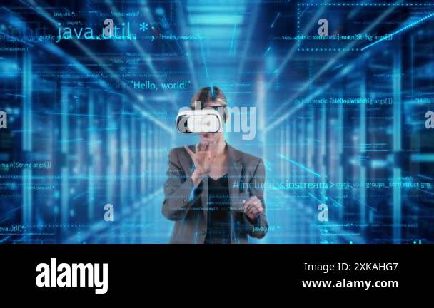 Woman searching coding programing update finance data world shape by VR future global interface ...